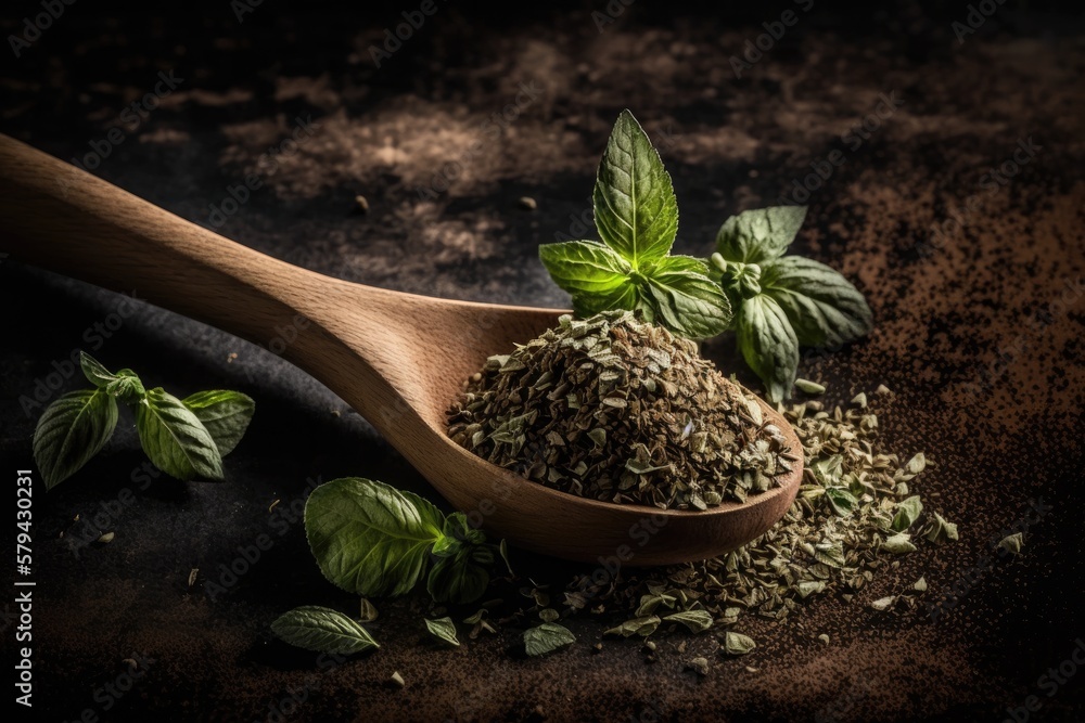 Using a wooden bamboo spoon, crush the oregano to make a spice ...