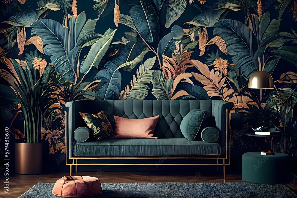 modern living room, tropical leaves wallpaper for Hotel living room ...