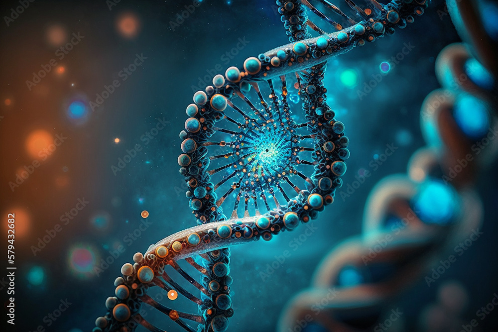 Concept of human DNA details view under the microscope. Blue helix ...