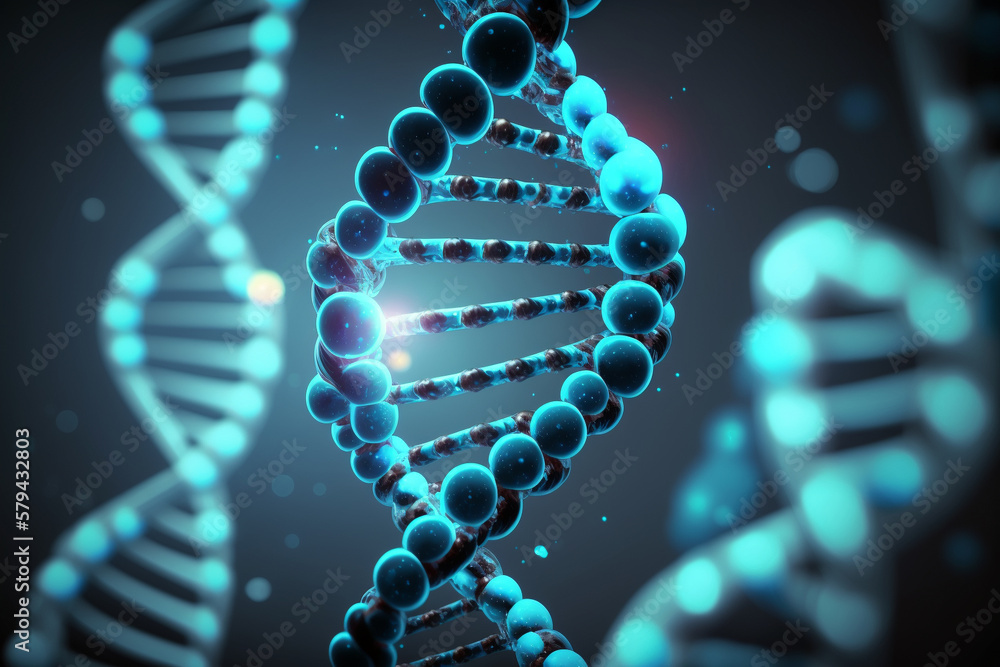Concept of human DNA details view under the microscope. Blue helix ...