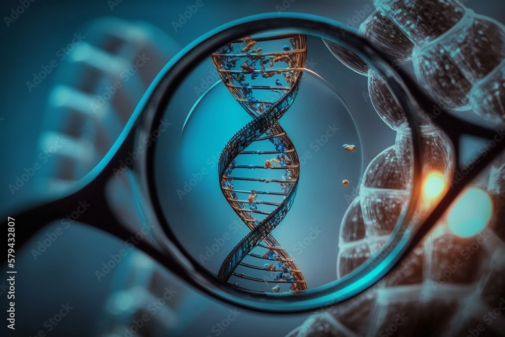 Concept of human DNA details view under the microscope. Blue helix ...