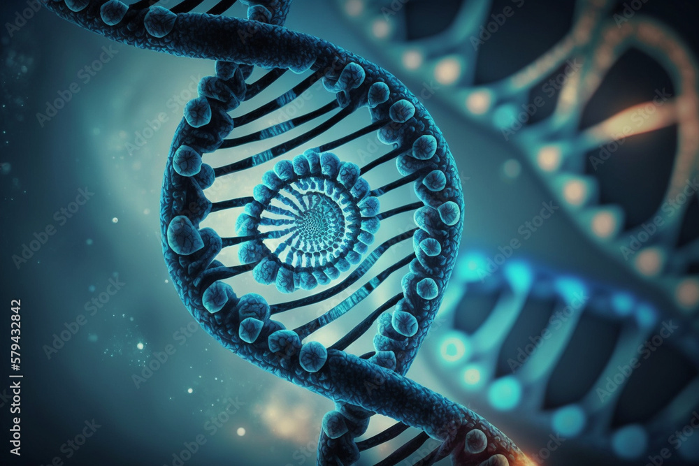 Concept of human DNA details view under the microscope. Blue helix ...