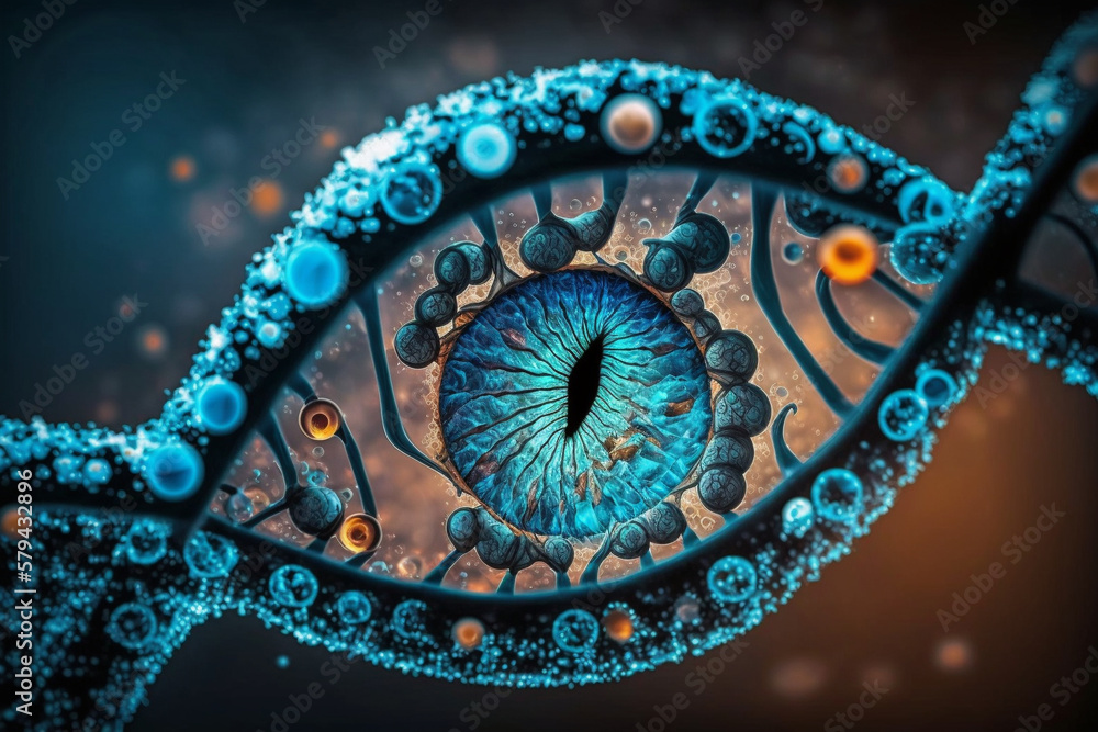 Concept of human DNA details view under the microscope. Blue helix ...