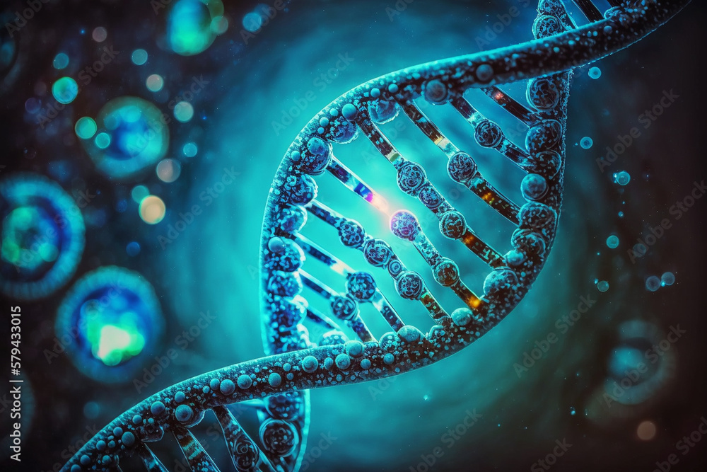 Concept of human DNA details view under the microscope. Blue helix ...