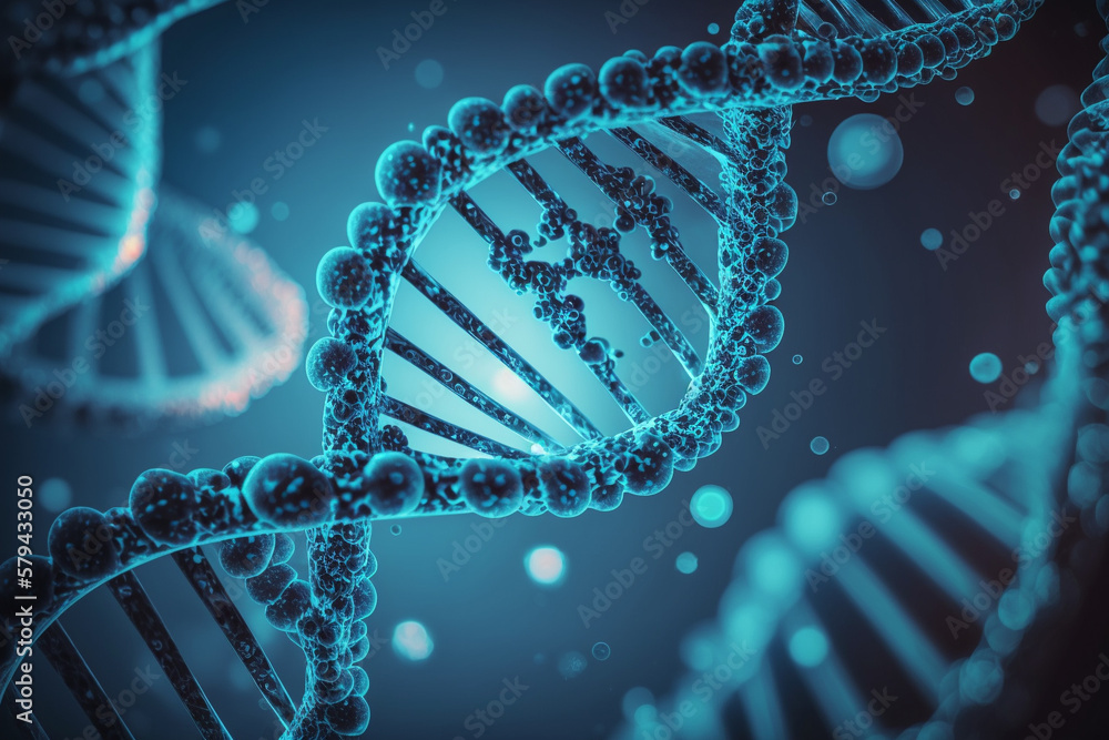 Concept of human DNA details view under the microscope. Blue helix ...