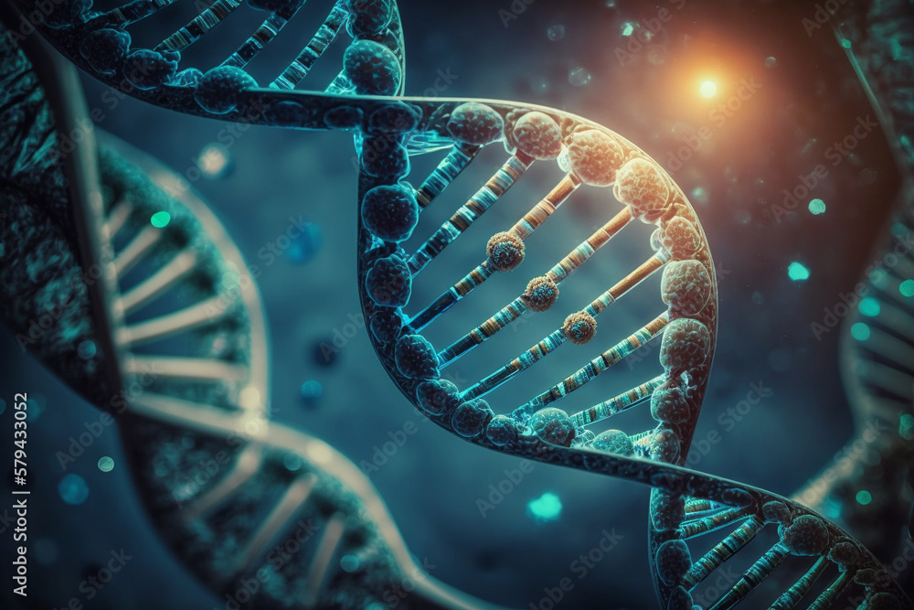 Concept of human DNA details view under the microscope. Blue helix ...
