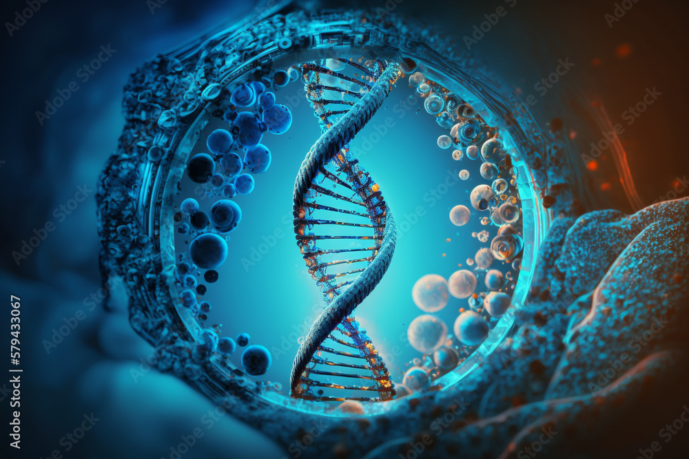 Concept of human DNA details view under the microscope. Blue helix ...