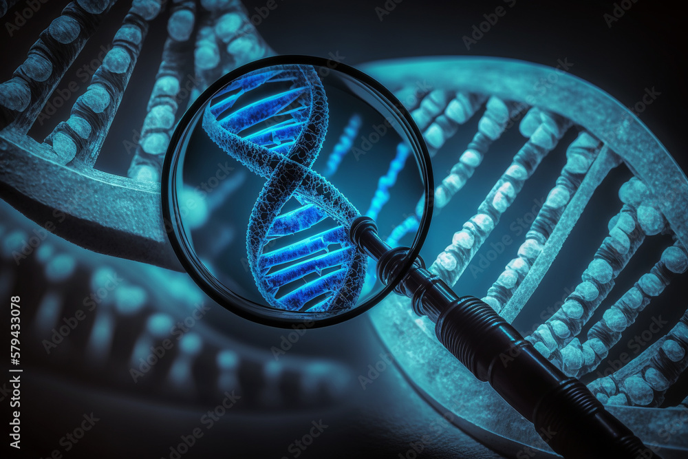 Concept of human DNA details view under the microscope. Blue helix ...