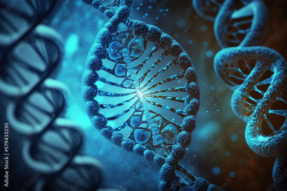 Concept of human DNA details view under the microscope. Blue helix ...