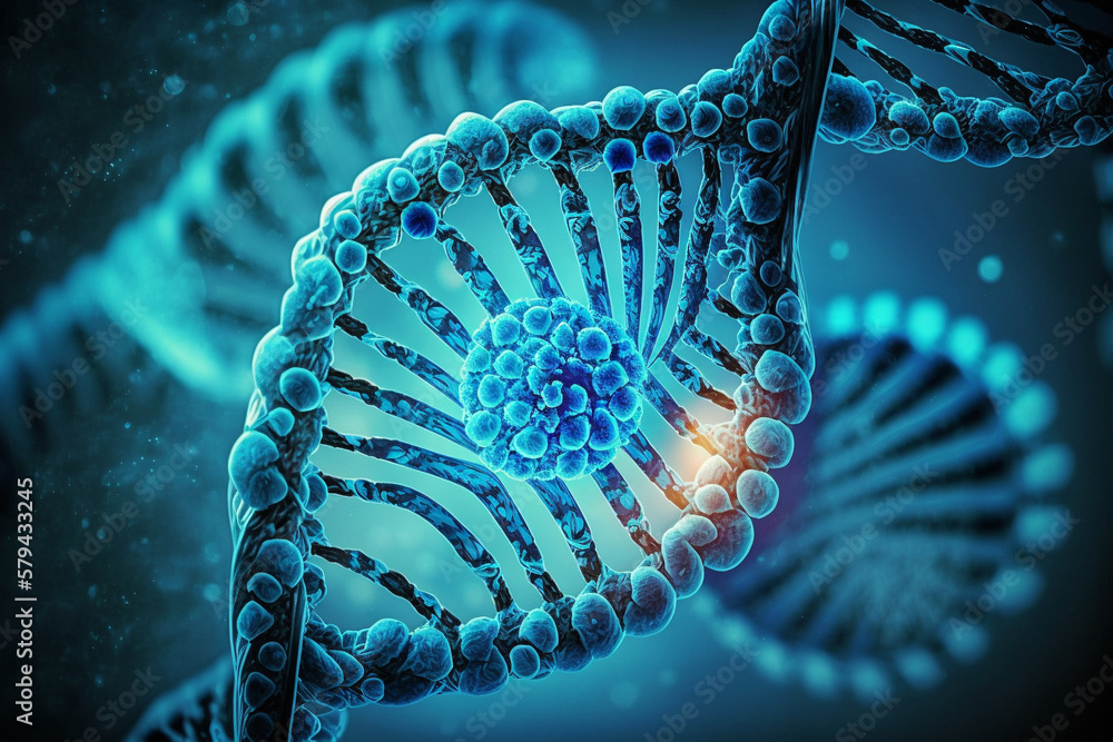 Concept of human DNA details view under the microscope. Blue helix ...