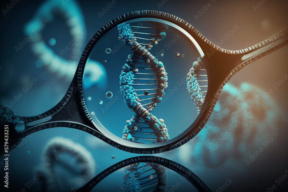 Concept of human DNA details view under the microscope. Blue helix ...