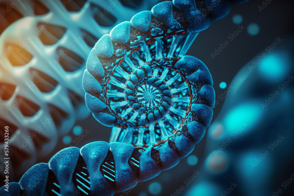 Concept of human DNA details view under the microscope. Blue helix ...