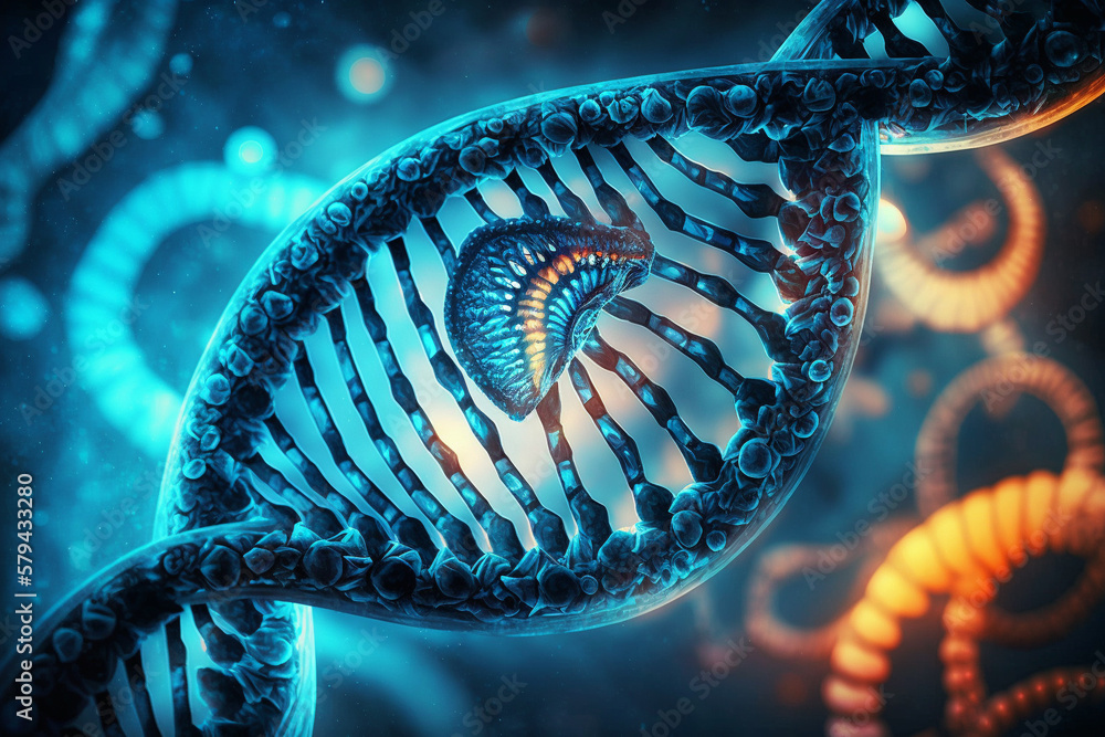 Concept of human DNA details view under the microscope. Blue helix ...