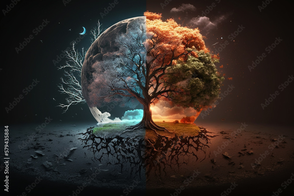 Illustrazione Stock Global Warming concept with tree half living and ...