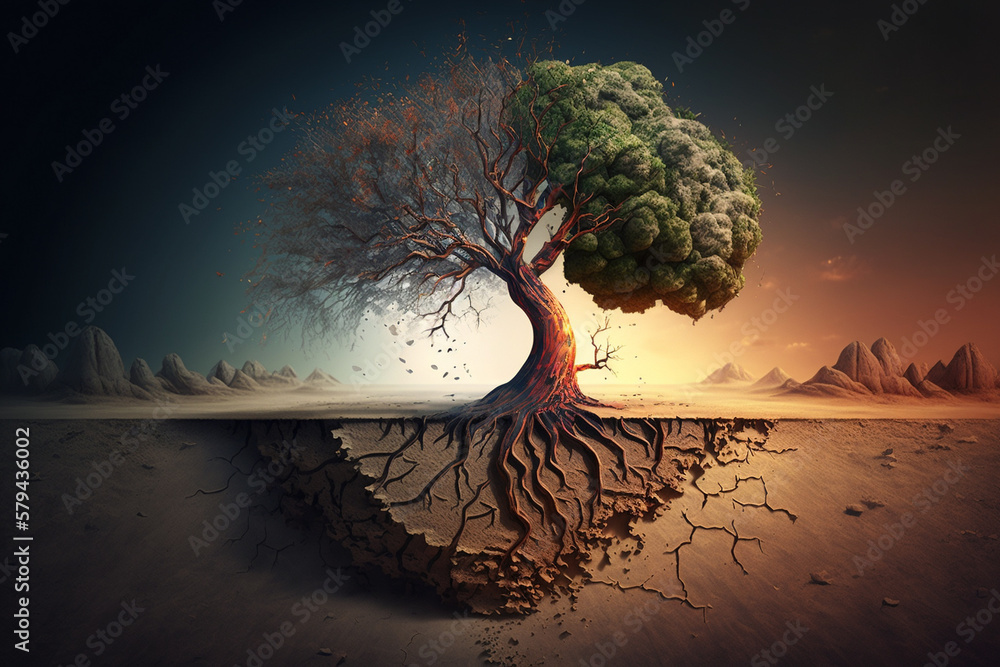 Global Warming concept with tree half living and the other half ...
