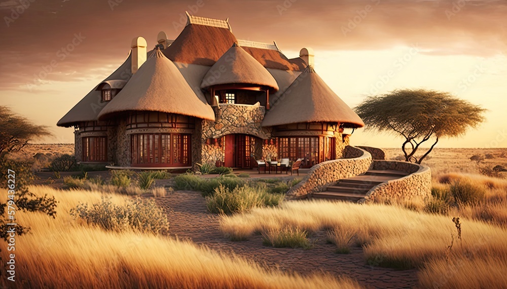 ภาพประกอบสต็อก A stunning African-inspired home with thatched roof ...