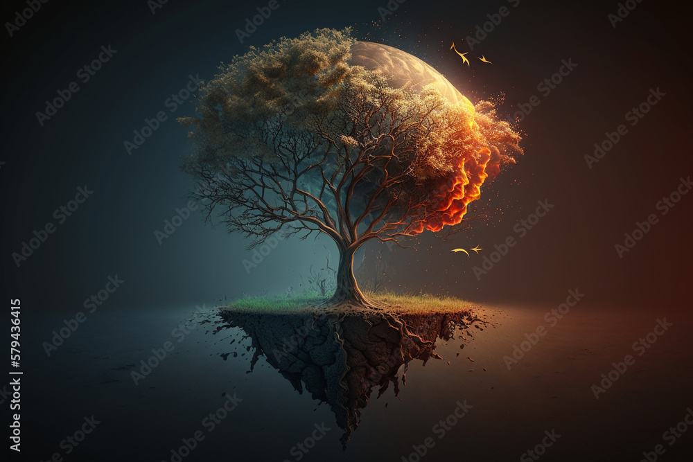 Global Warming concept with tree half living and the other half ...