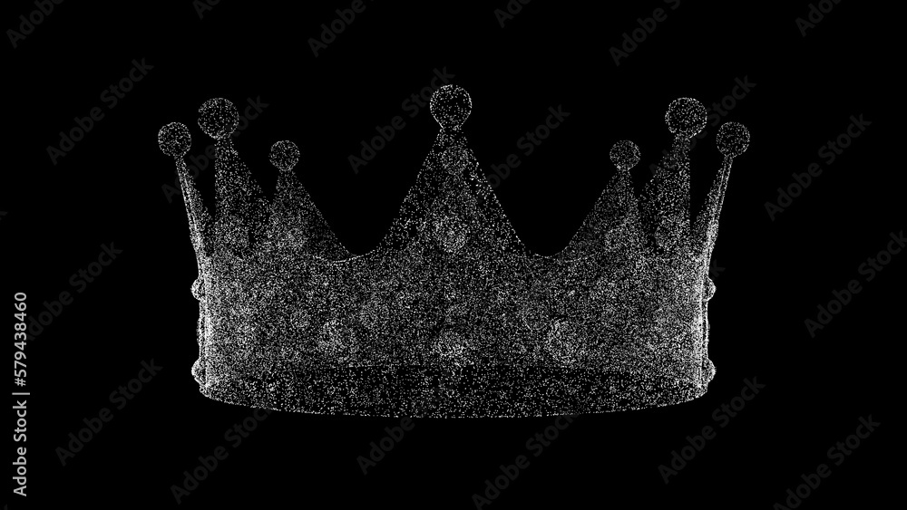 3D Royal Crown on black bg. Object dissolved white flickering particles ...