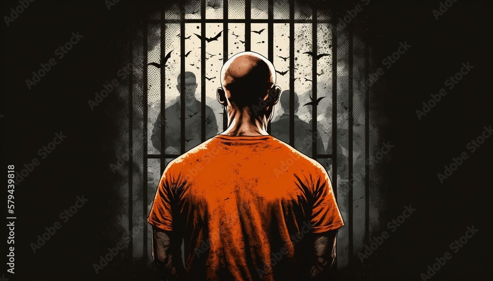 Bald Man In Prison: Guy In Jail In Orange T-shirt Locked Behind The ...