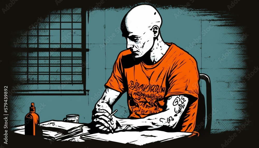 ภาพประกอบสต็อก Bald Man In Prison: Guy In Jail In Orange T-shirt Locked ...