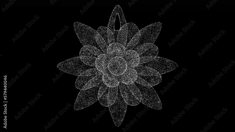 3D lotus flower on black bg. Object dissolved white flickering ...