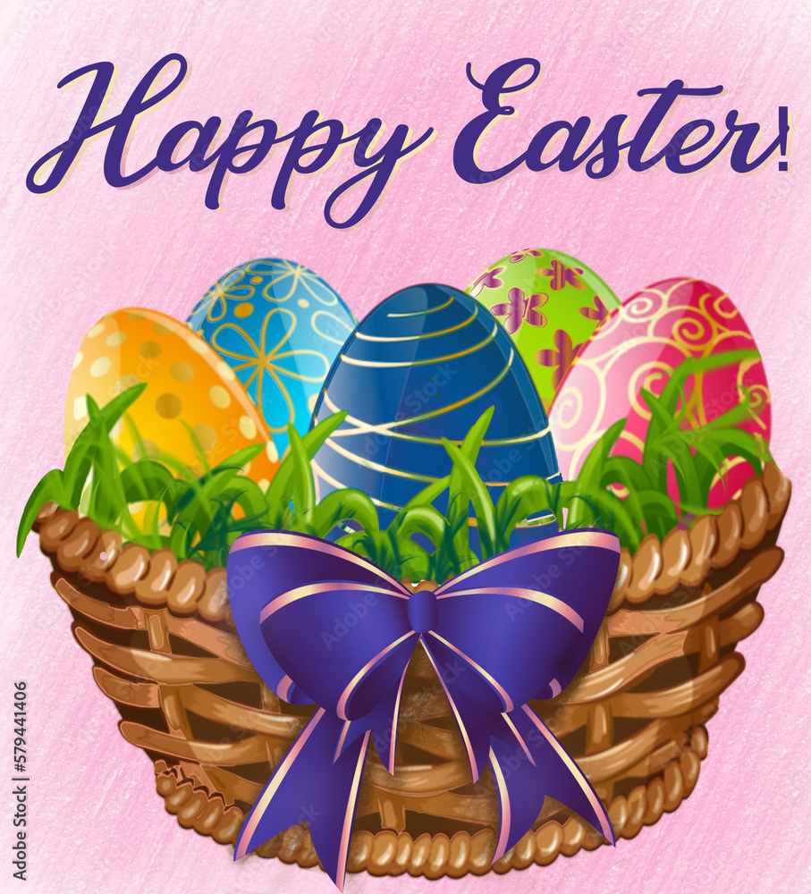 Happy Easter - purple writing with wicker basket with decorated eggs ...
