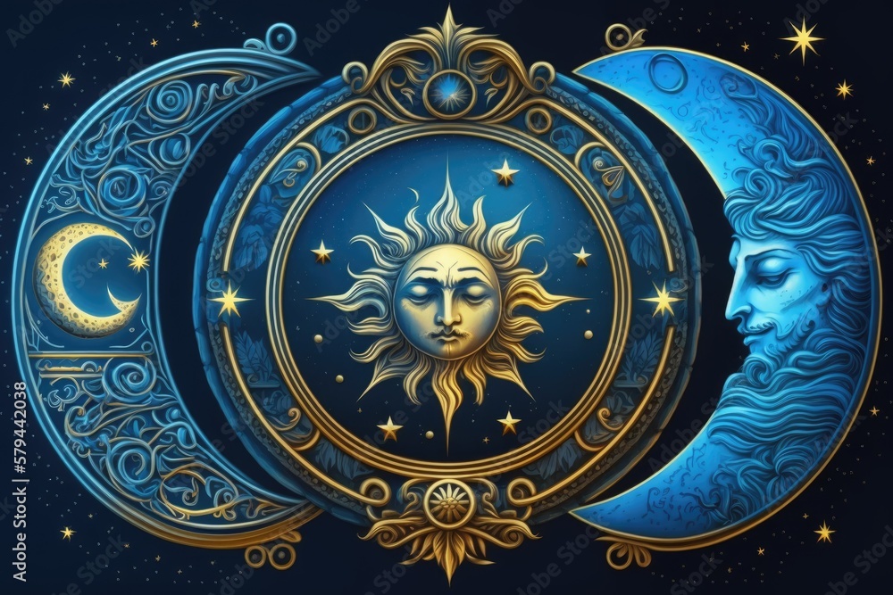 Astrology, divination, and magic banner. Crescent moon, sun, and moon ...