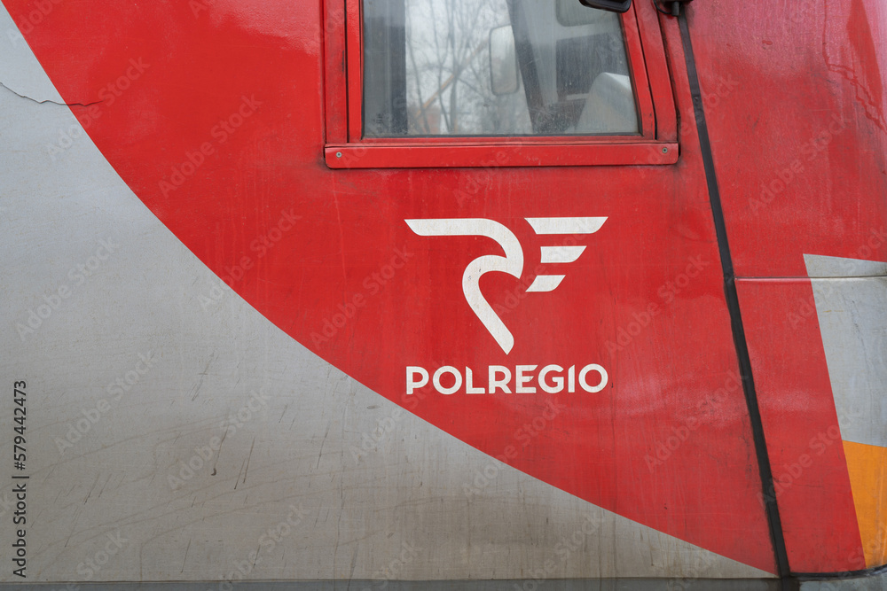 Polregio logo sign, on the side of PKP class EN57 train. Polish ...