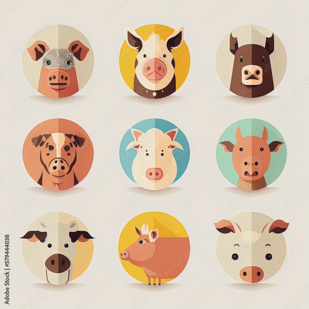 Pig Avatar Illustration: A Collection of Cute Farm Animal Profile Icons ...