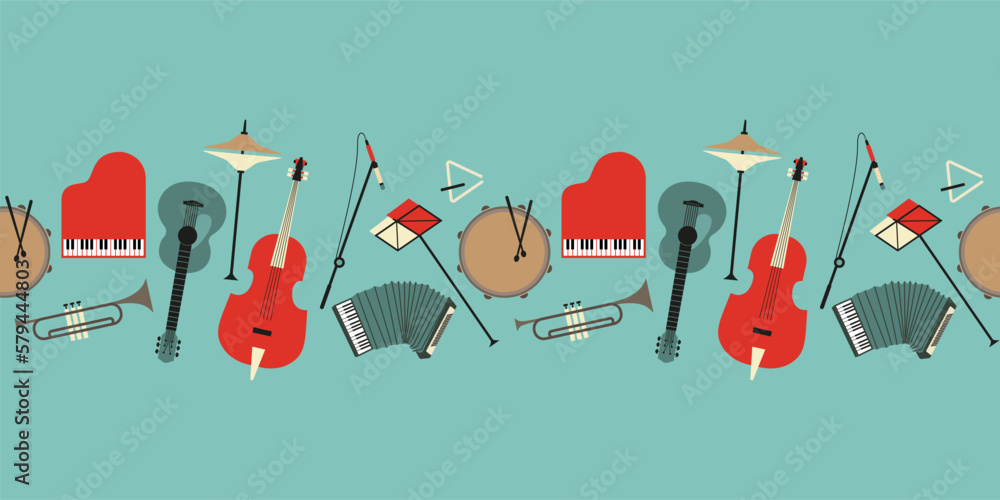 Musical instruments seamless border vector pattern. Drum, piano ...