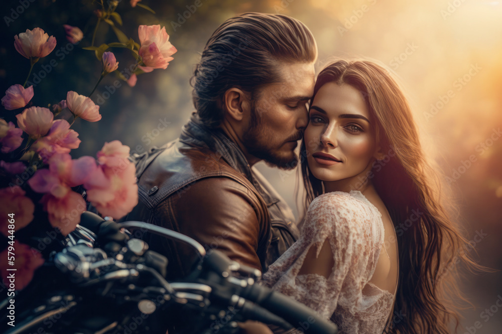 Girl in love and her boyfriend man are sitting on a motorcycle flirting ...