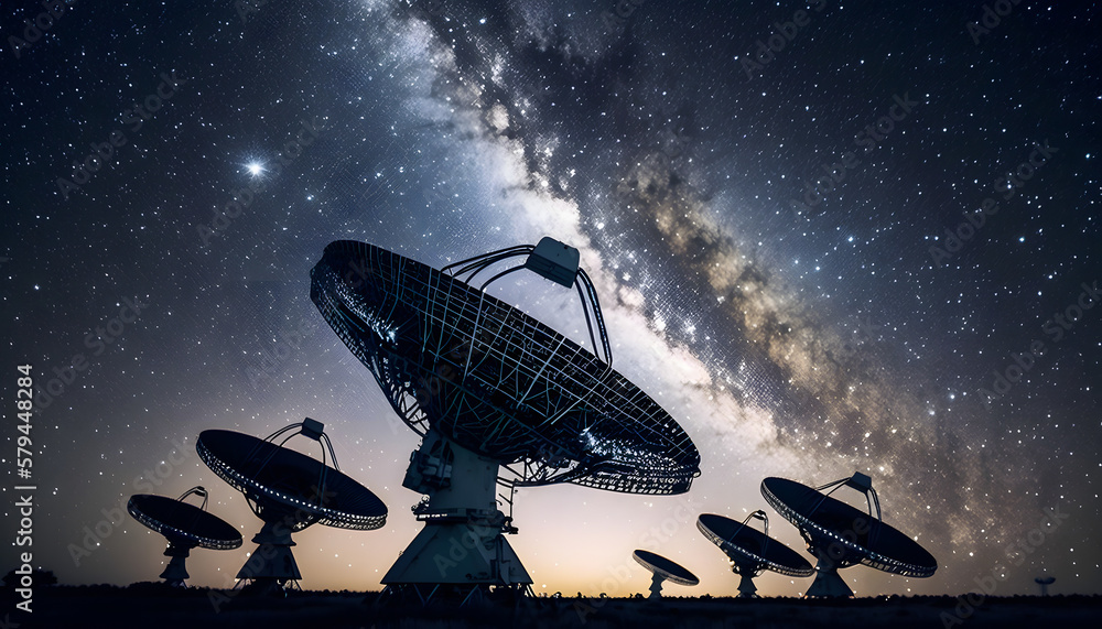 Radio telescopes night sky with Milky Way. Concept search for ...