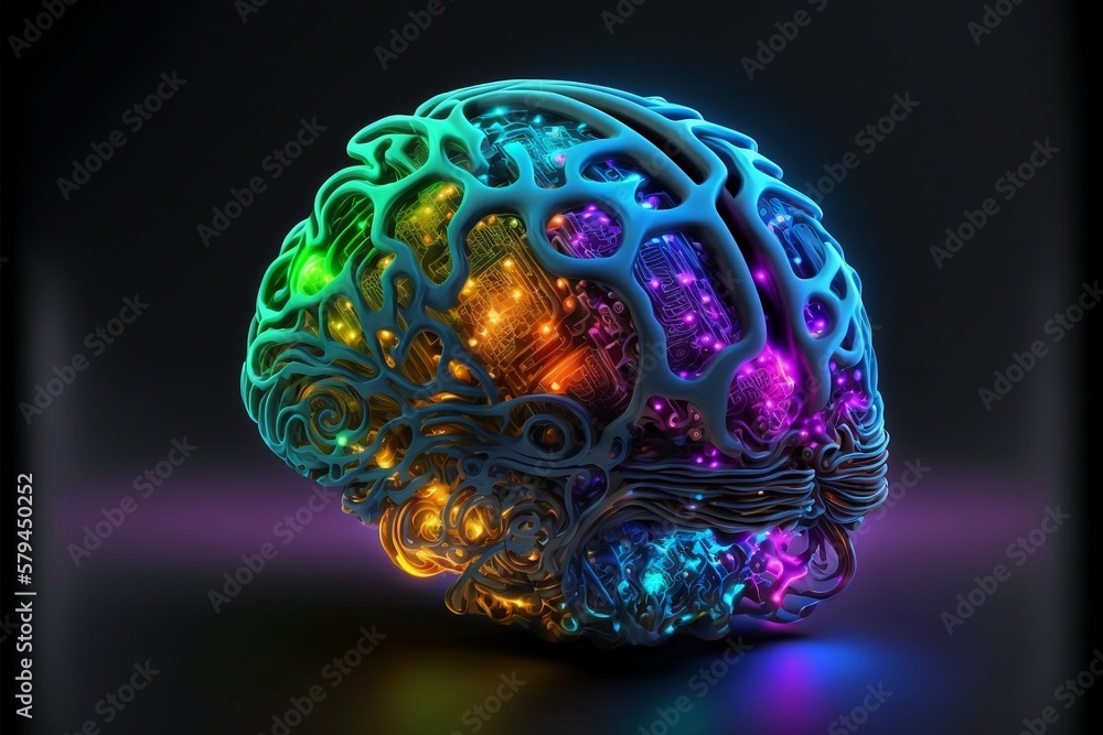 Colorful brain illustration and computer, human brain glowing with ...