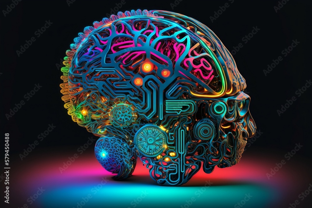 Colorful brain illustration and computer, human brain glowing with ...