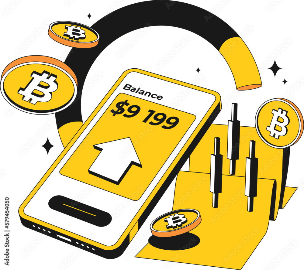 Vetor de Bitcoin or cryptocurrency trading platform with big profit and candlestick. Isolated ...