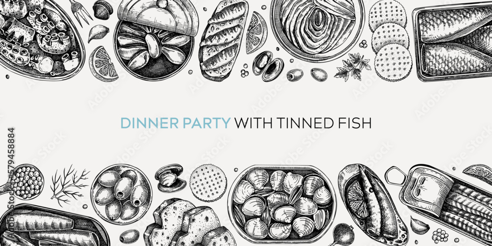 Canned fish and seafood background. Hand drawn sardines, anchovy ...