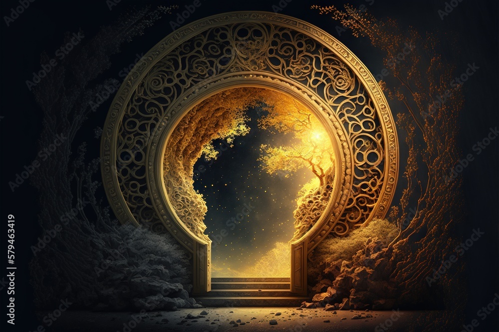 Beautiful fantasy portals to unknown worlds in golden hues AI Stock ...