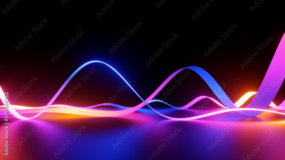 simple abstract background with colorful neon wavy ribbons, glowing in ...