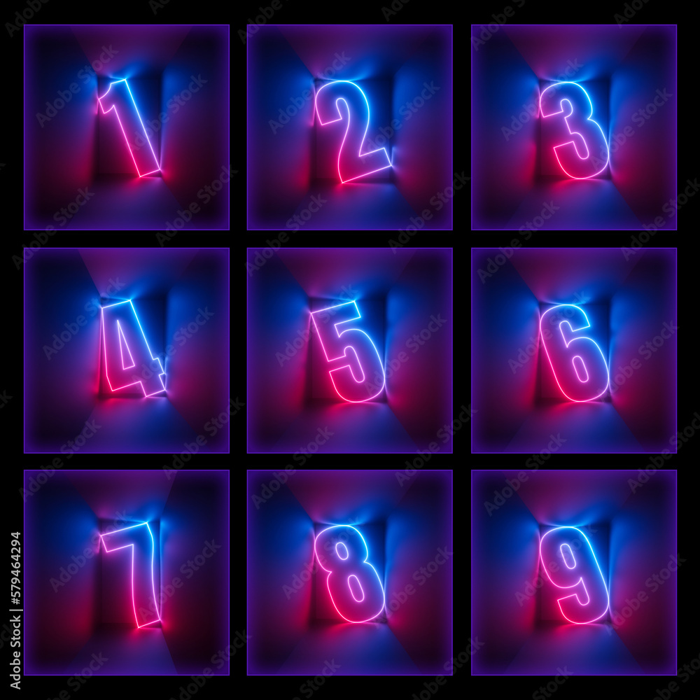 3d rendering, set of pink blue neon numbers from one to nine, digital ...