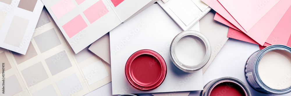 Tiny sample paint cans during house renovation, process of choosing ...