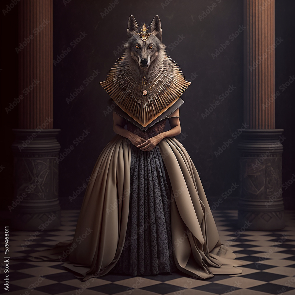 Realistic lifelike glam wolf in black tie cocktail dress ball gala ...