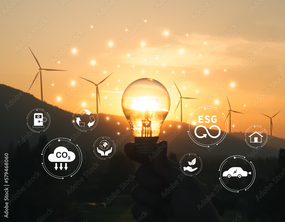 Renewable energy, clean technology concept. Light Bulb and ecosystem ...