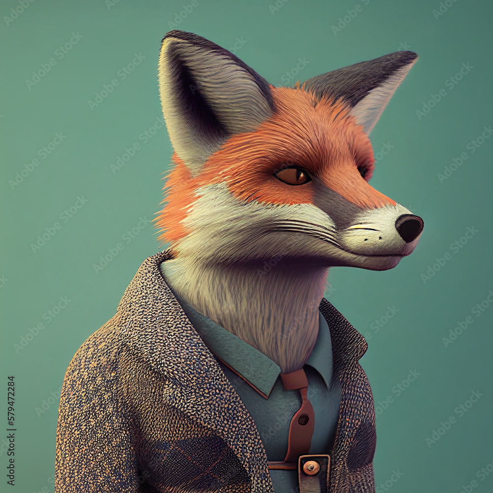 Realistic lifelike fox in retro vintage pastel colourful, mod twiggy ...