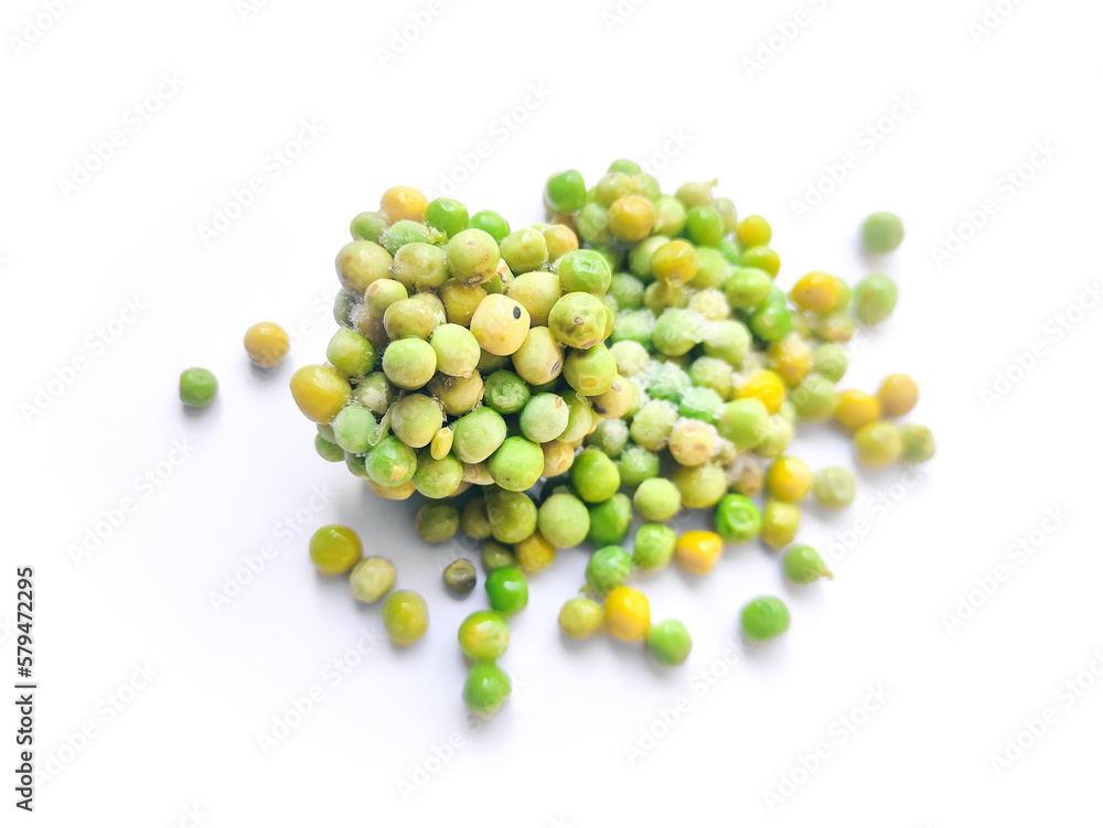 Frozen half ripe Green pea isolated on white background. Heap of deep ...