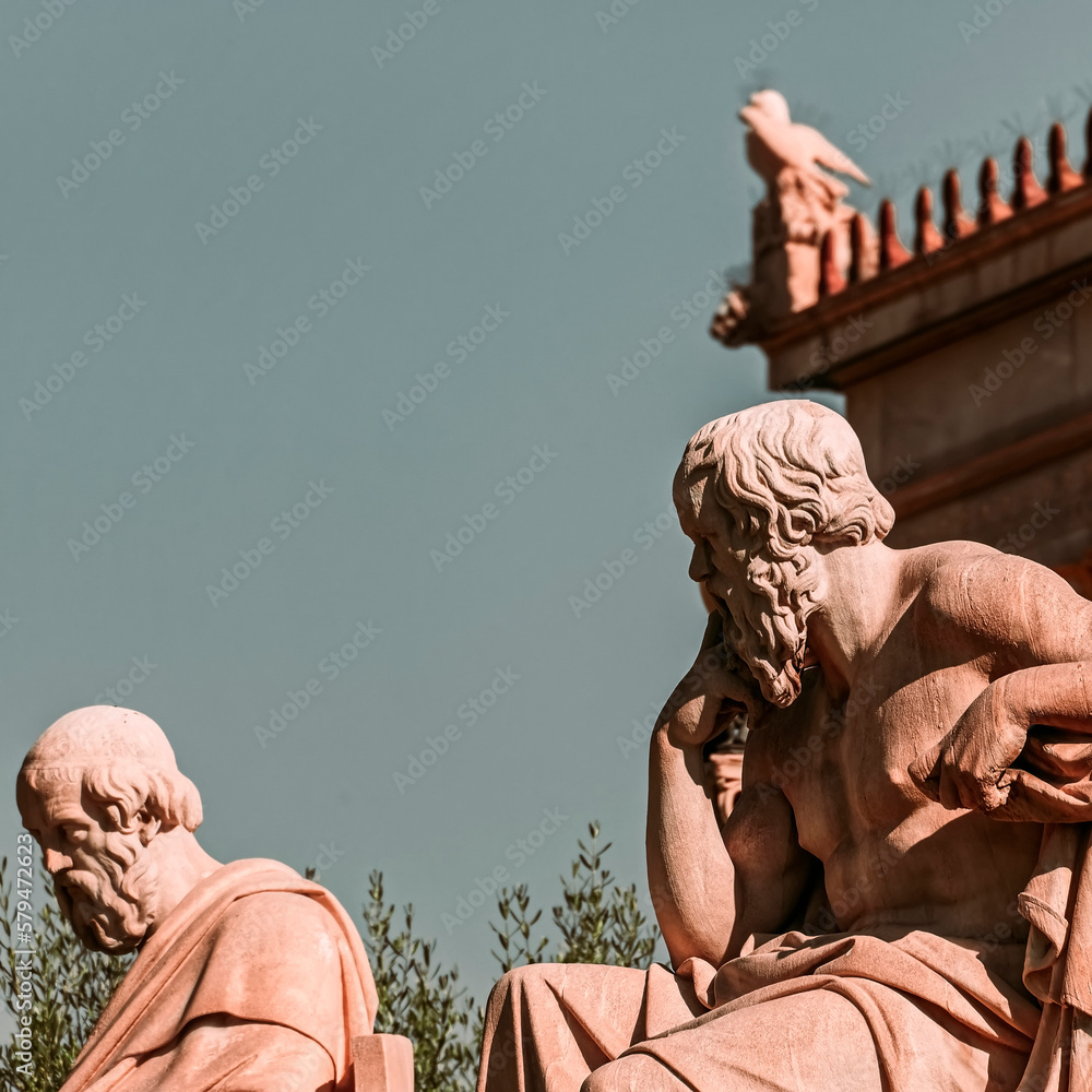 Marble statues of Plato and Socrates, the ancient philosophers, in ...