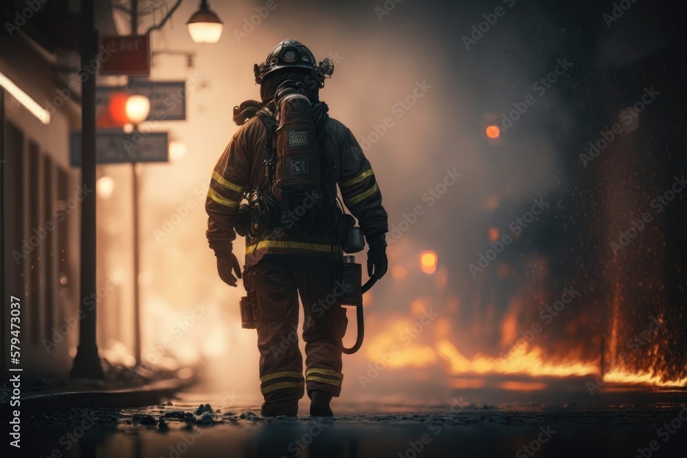 Focus of firefighter with water hose extinguishing fire on street. AI ...