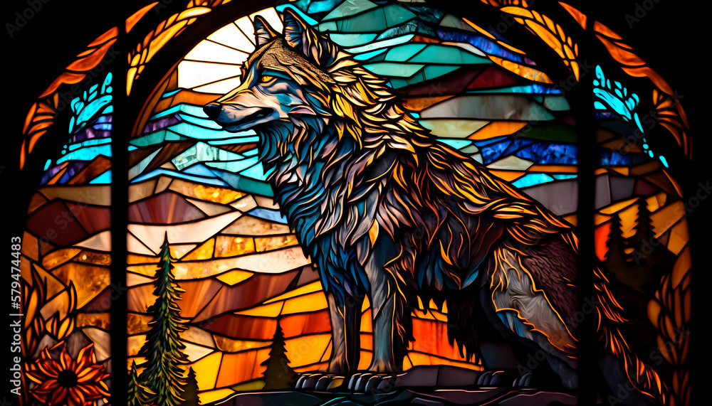 The wolf stands in front of a stained-glass window of colorful windows ...