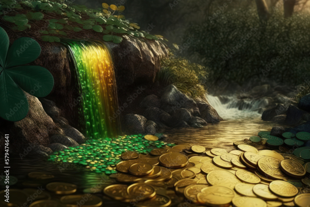 Gold coins at the end of the rainbow and a waterfall of green beer ...