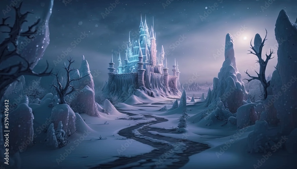 a snowy landscape with a castle in the middle of the night with a path ...