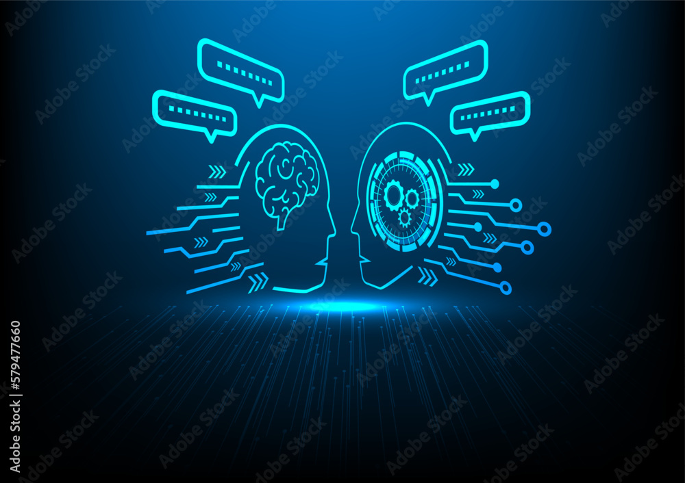 Human Chat with ai, Chat GPT. Technology communication, blue background ...